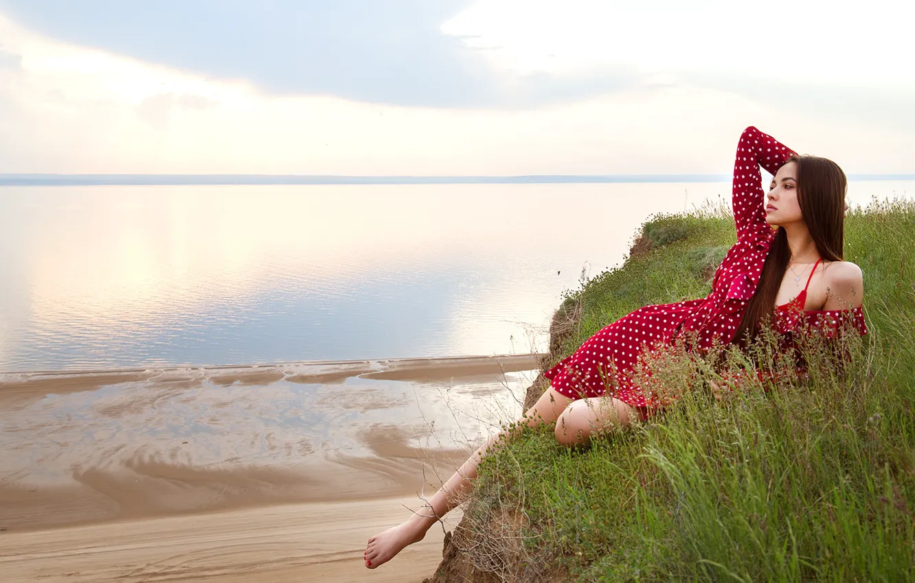 Wallpaper grass, girl, pose, river, mood, polka dot, dress, Alex ...
