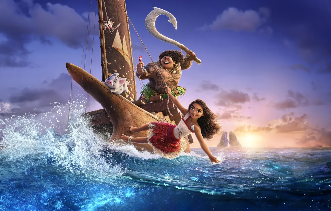 Wallpaper sea, boat, cartoon, characters, Maui, aboriginal, Maui, Moana ...
