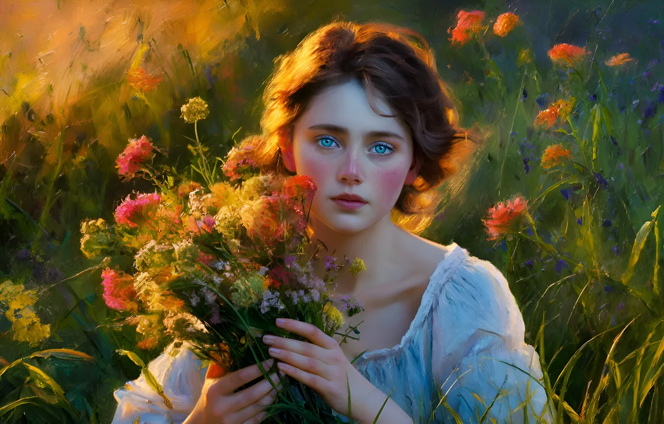 Wallpaper girl, flowers, nature, pose, imitation painting, AI art, neural network for mobile and ...