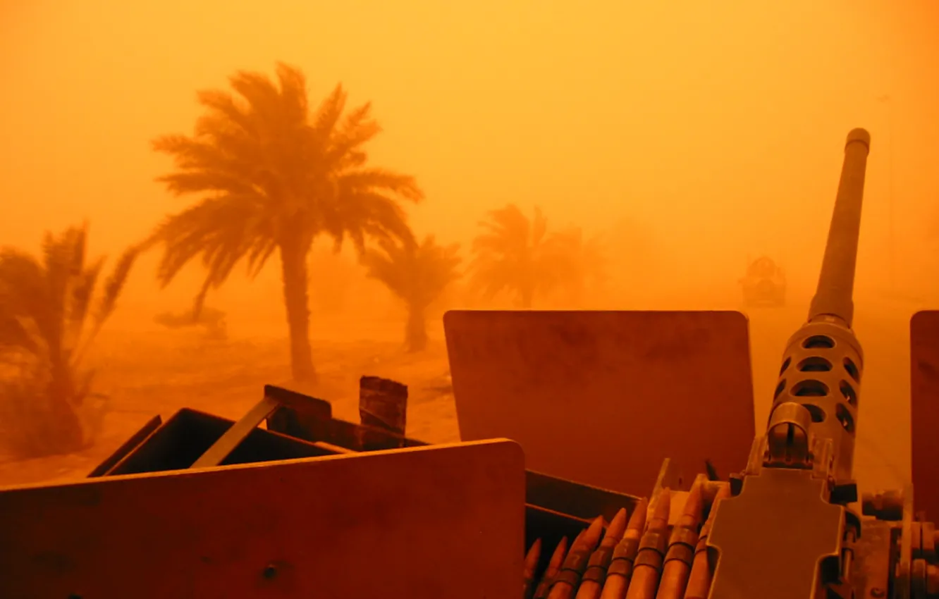 Wallpaper palm trees, war, Iraq, machine gun, sand storm, M2 Browning ...