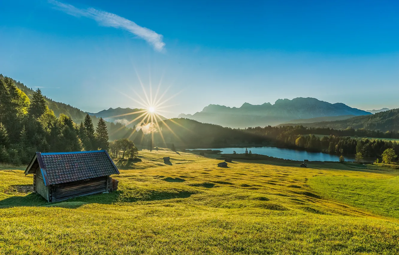 Wallpaper mountains, lake, sunrise, dawn, morning, Germany, Bayern ...