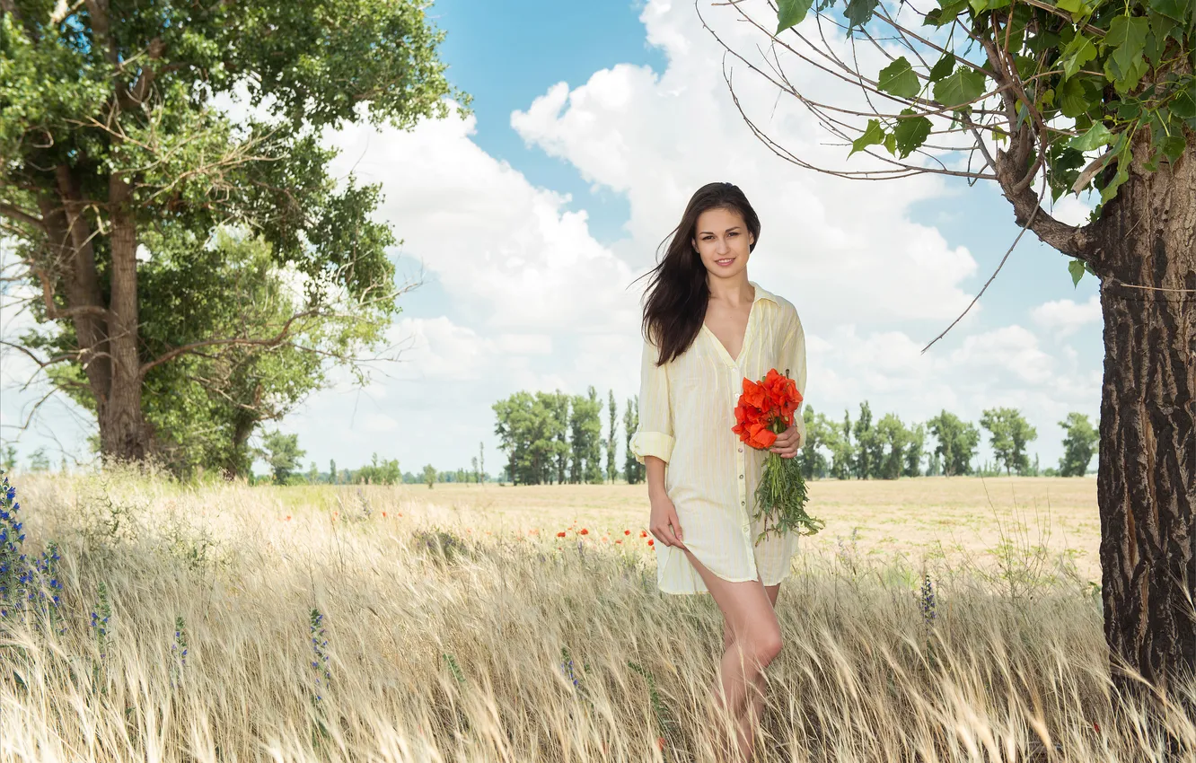 Wallpaper long hair, field, flowers, model, Mila, brunette, gorgeous ...