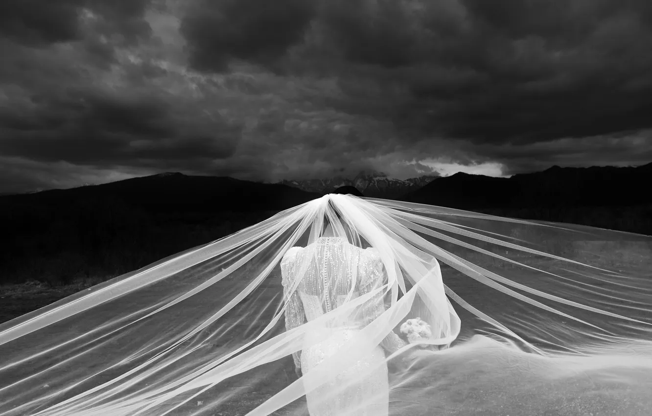 Wallpaper clouds, mountains, dress, black and white, the bride, Alla ...