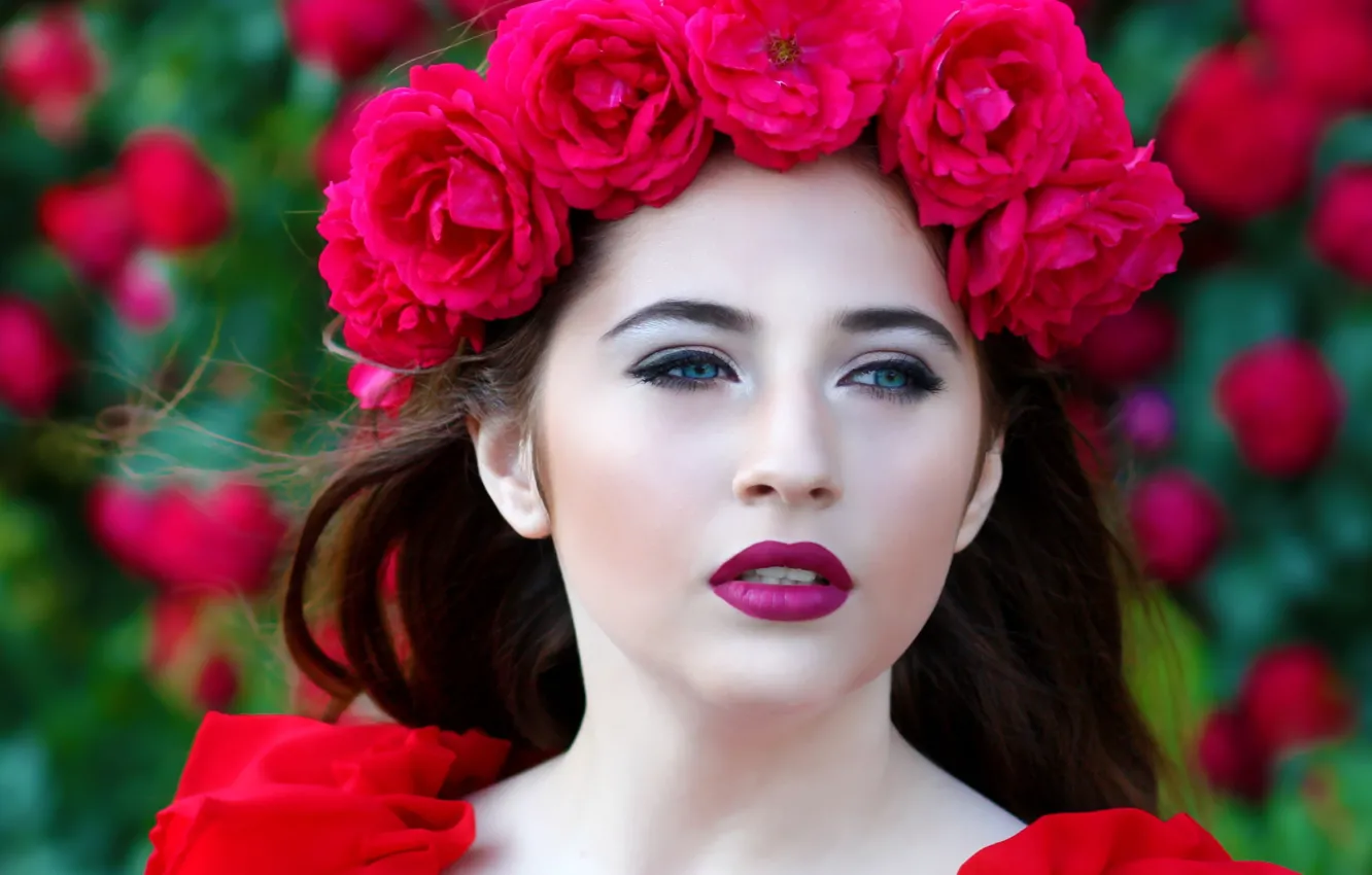 Wallpaper Look Flowers Face Model Brunette Wreath For Mobile And
