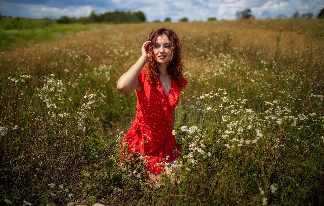 Wallpaper summer, girl, pose, hand, chamomile, meadow, red, red dress ...