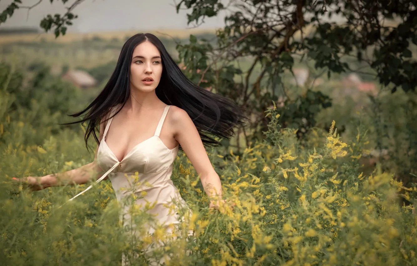 Wallpaper Girl Grass Trees Field Nature Model Women Brunette For