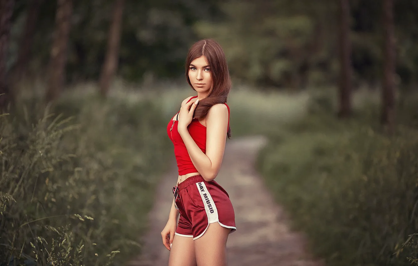 Wallpaper forest, girl, nature, shorts, Mike, brunette, track, Rounge Evgen for mobile and ...