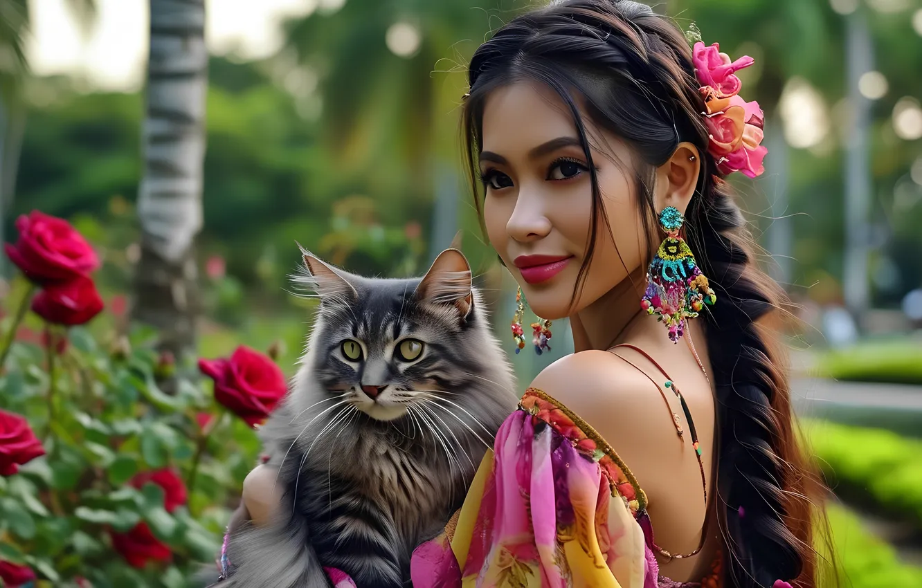 Wallpaper cat, girl, Asian, filipinka for mobile and desktop, section ...