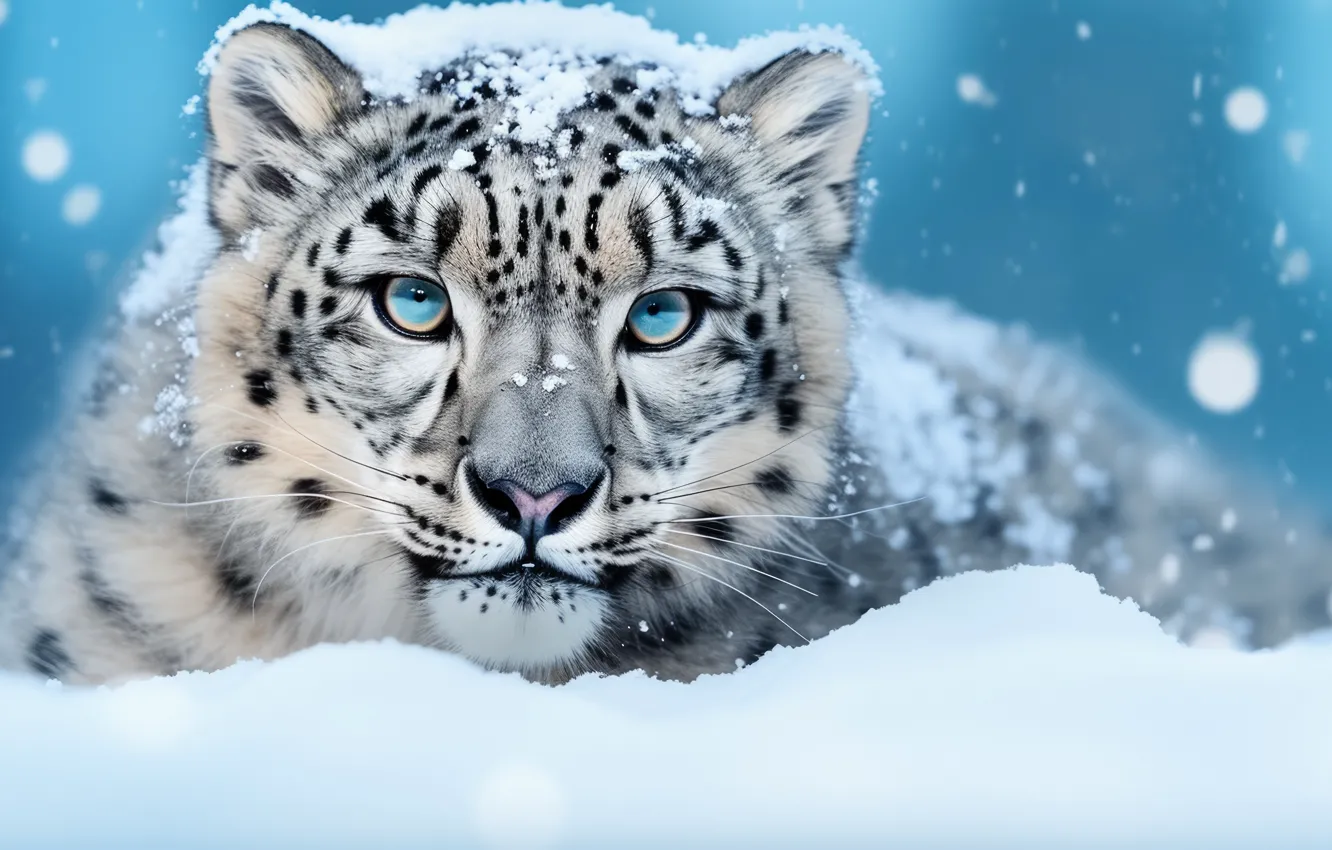 Wallpaper winter, look, face, snow, pose, IRBIS, snow leopard, AI art ...