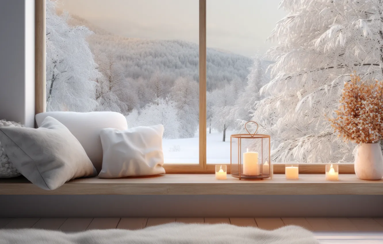 Wallpaper winter, snow, comfort, new year, pillow, window, Christmas ...
