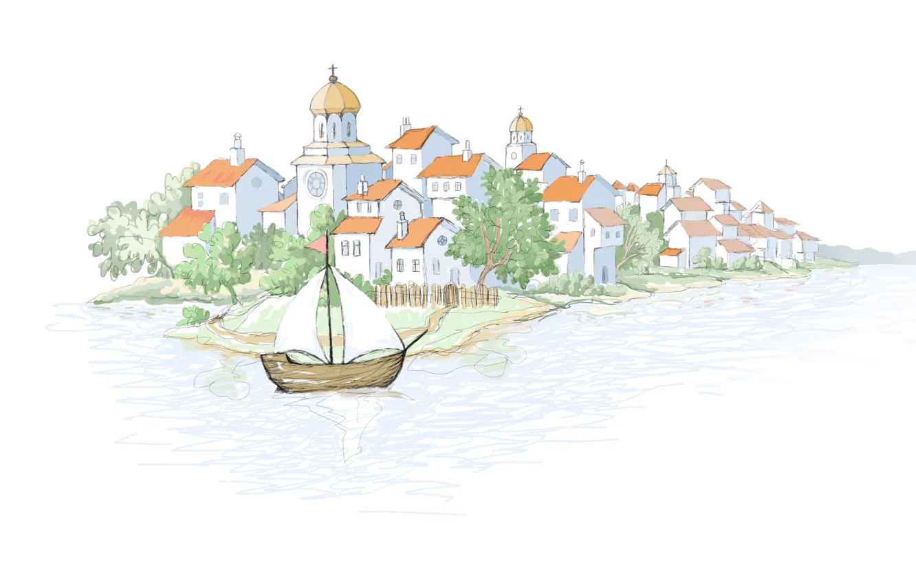 Wallpaper city, sea, painting, church, tawn for mobile and desktop ...