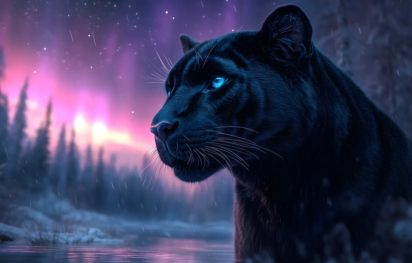 Wallpaper winter, look, face, night, Northern lights, Panther, AI art ...