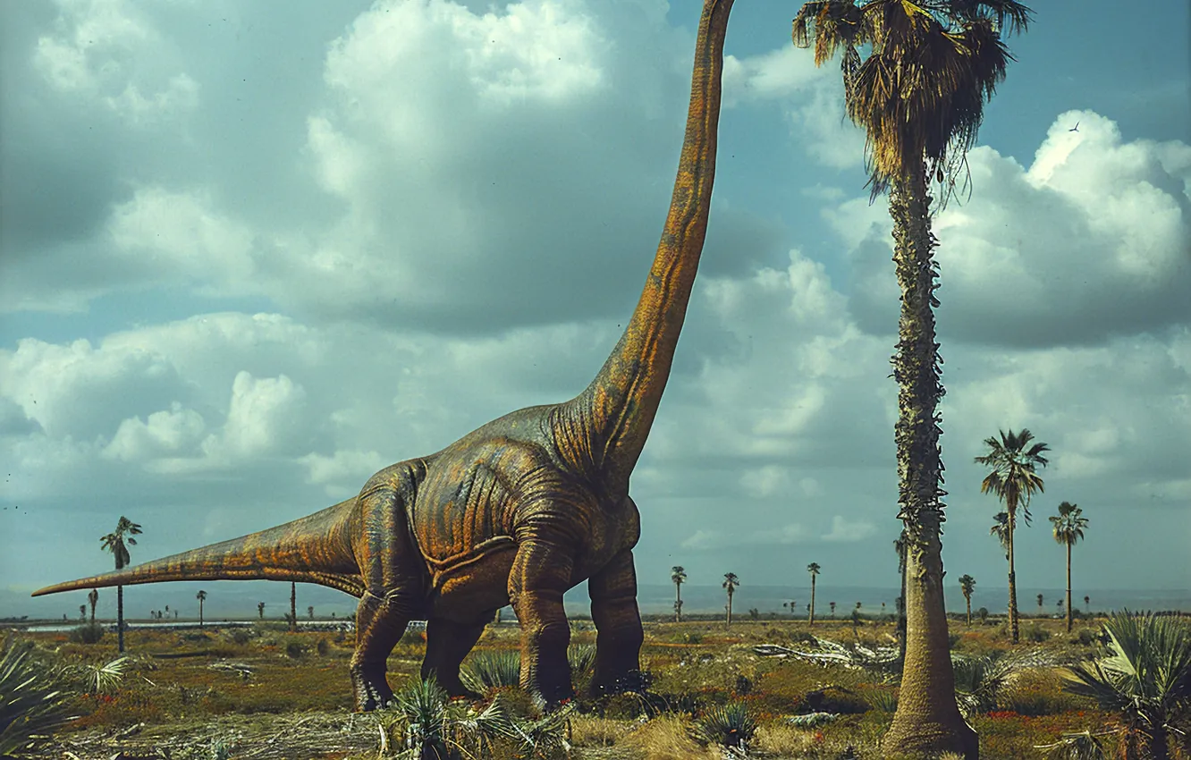 Wallpaper clouds, trees, animal, dinosaur, digital art, Ancient animals ...