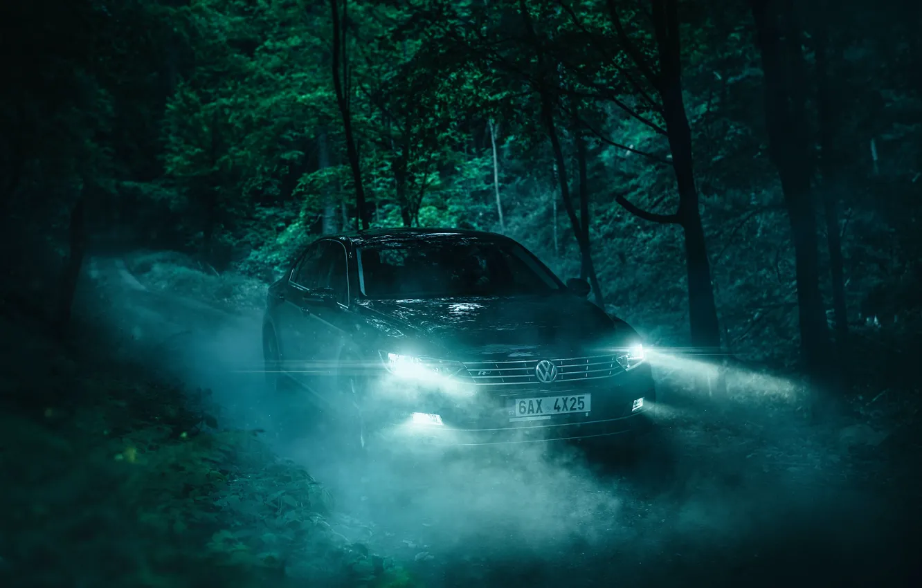Wallpaper Volkswagen, Light, Car, Wood, Night, Sedan, Trees, Passat for ...