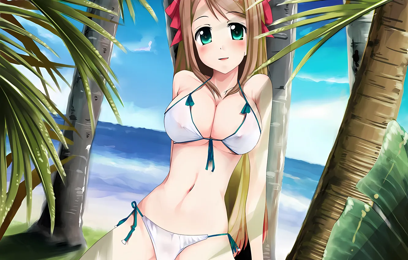 Wallpaper girl, sexy, cleavage, beach, green eyes, long hair, sea, boobs for mobile and desktop ...