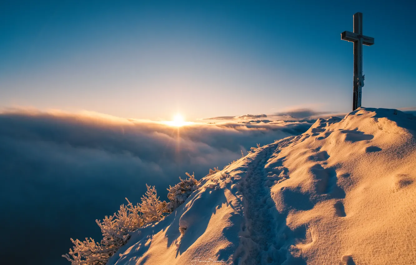 Wallpaper mountains, cross, morning for mobile and desktop, section ...