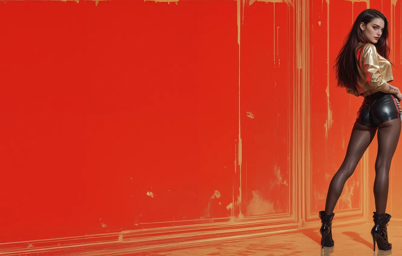 Wallpaper long hair, women, high heels, red lipstick, red background ...