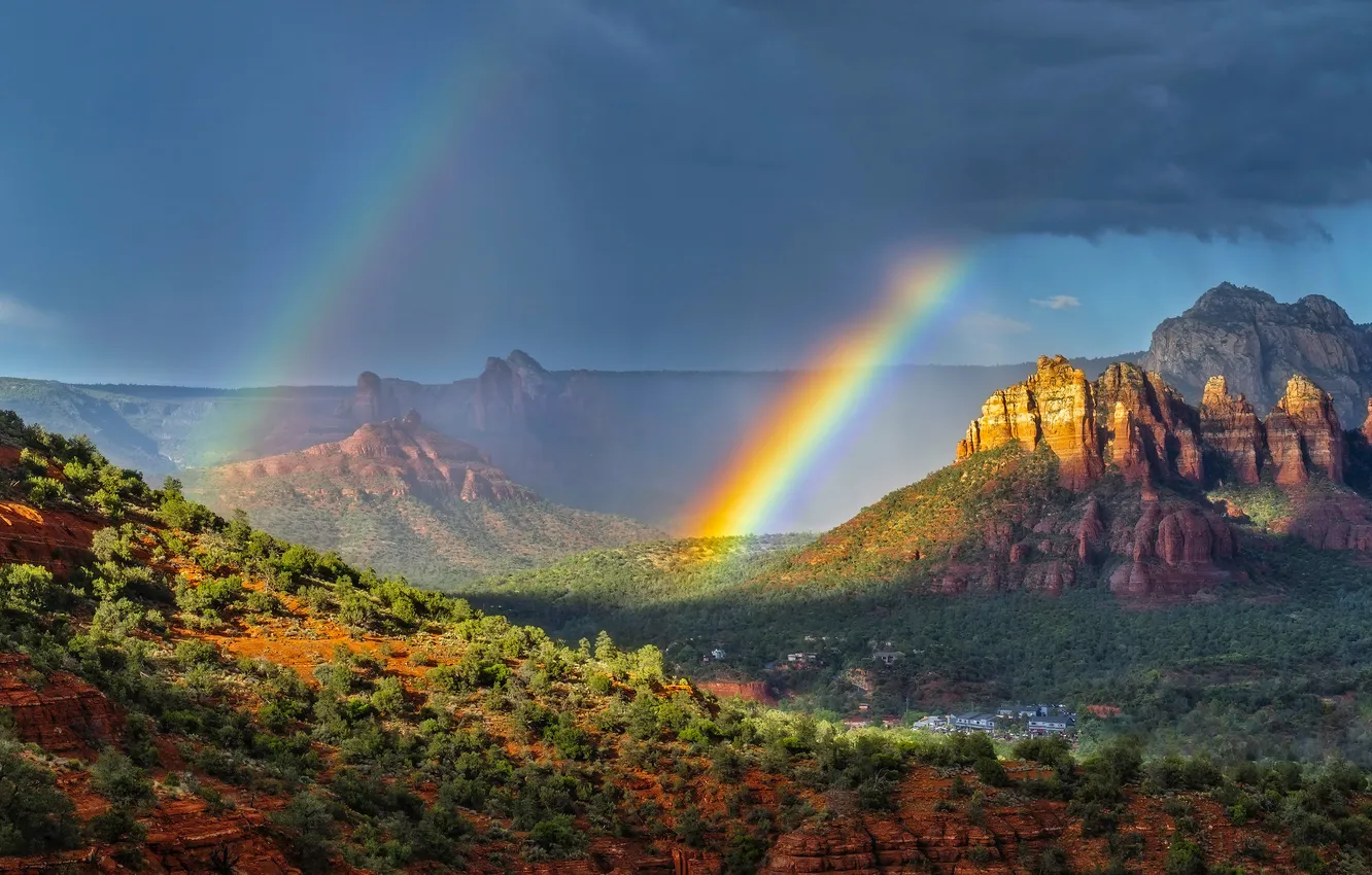 Wallpaper the sky, light, mountains, rocks, vegetation, rainbow, canyon ...