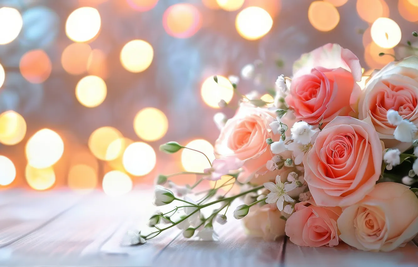 Wallpaper light, flowers, lights, holiday, roses, bouquet, pink, March ...