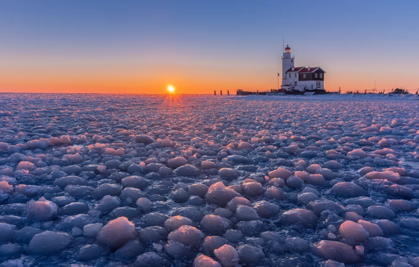 Wallpaper sunset, lighthouse, ice for mobile and desktop, section ...