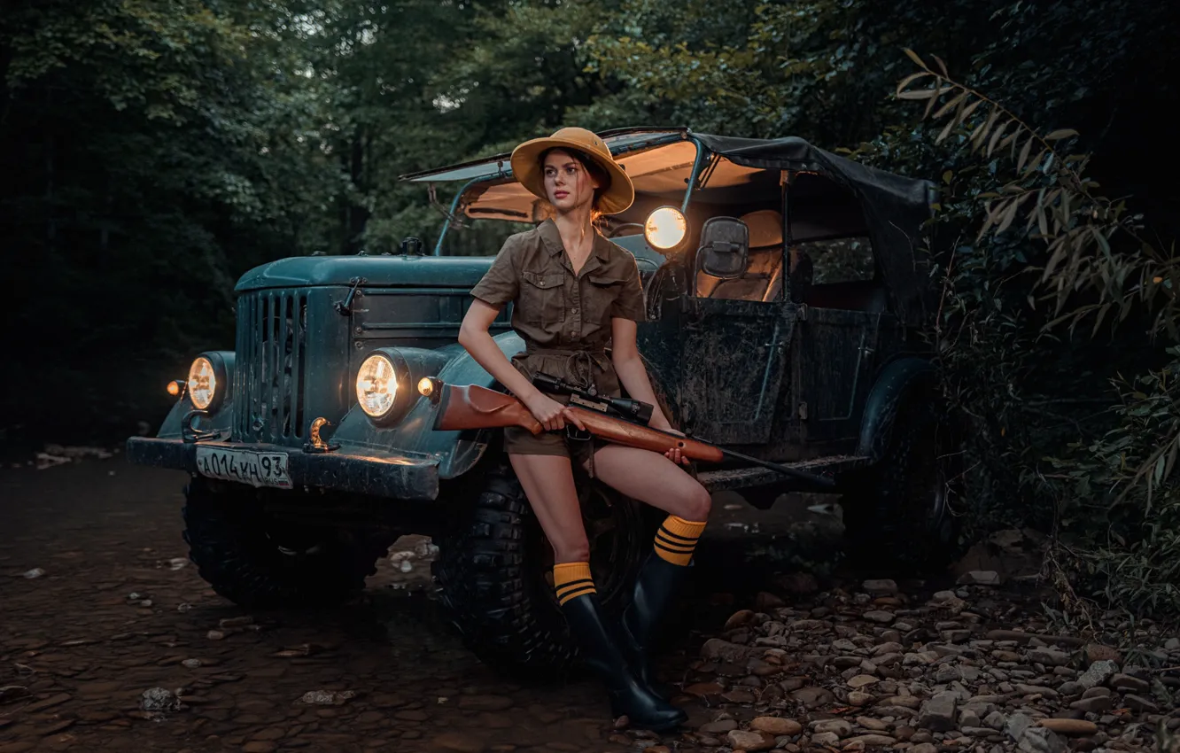 Wallpaper girl, rifle, GAZ, hunter, Viktoria Ageeva for mobile and desktop, section девушки ...