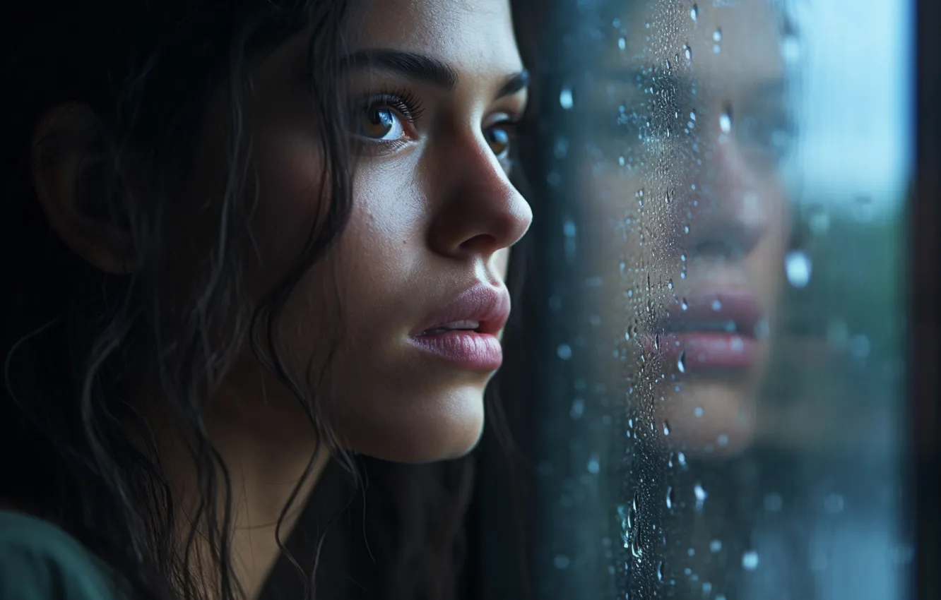 Wallpaper look, glass, girl, drops, face, pose, reflection, rain for ...