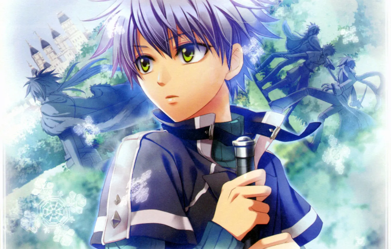 Wallpaper snowflakes, castle, boy, cloak, green eyes, visual novel ...