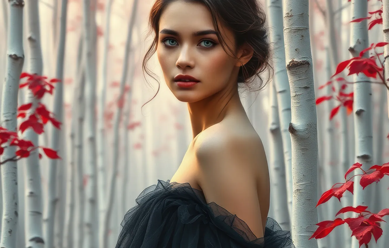 Wallpaper autumn, forest, leaves, girl, trees, pose, portrait ...