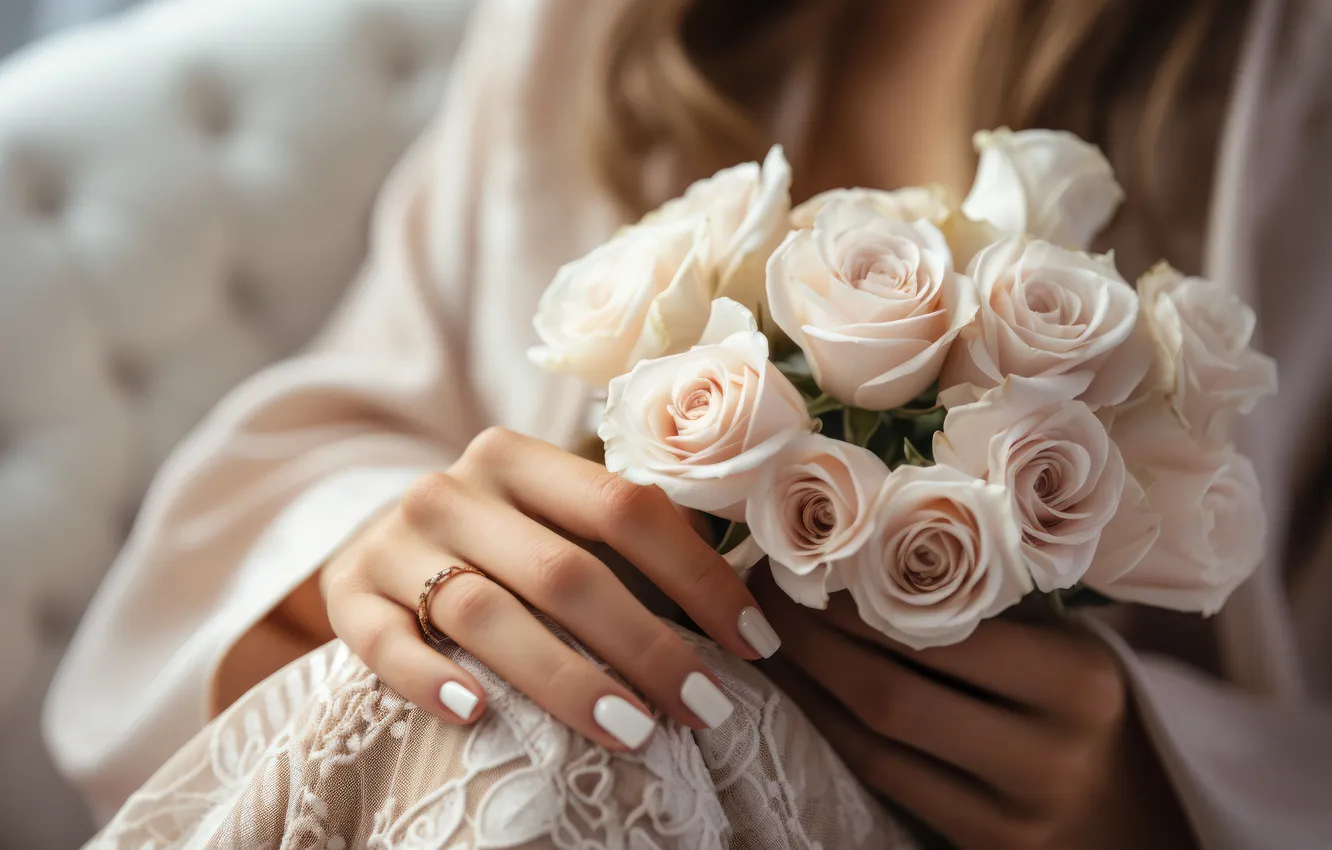 Wallpaper girl, holiday, roses, bouquet, hands, white, manicure, AI art ...