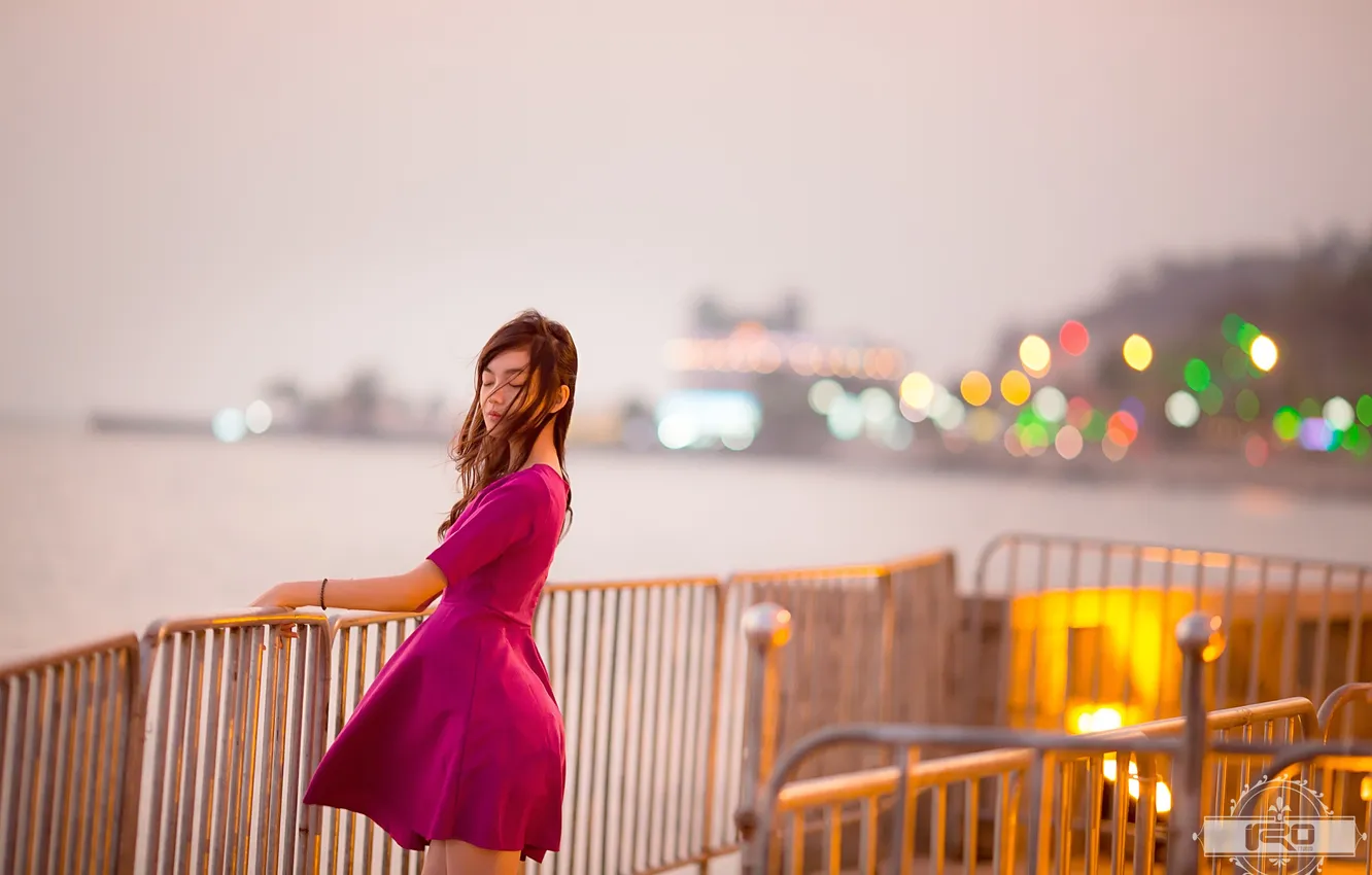 Wallpaper landscape, lights, pose, river, model, portrait, the evening ...