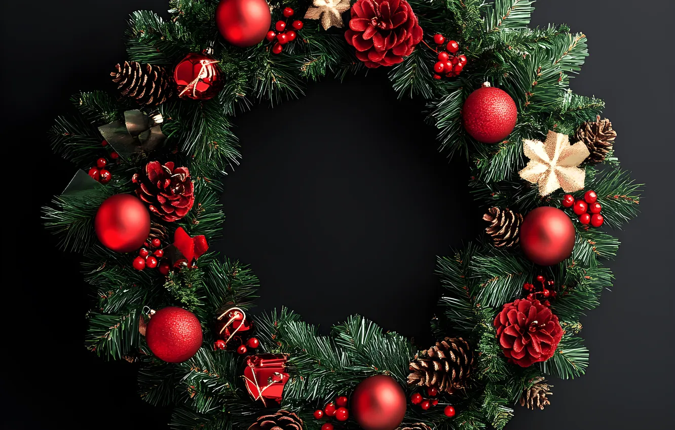 Wallpaper balls, branches, red, the dark background, new year ...