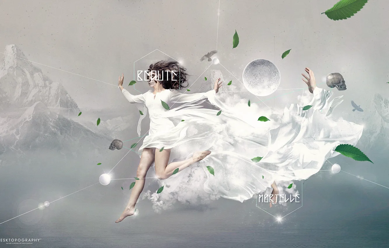 Wallpaper leaves, girl, mountains, skull, hands, dress, running, grin ...