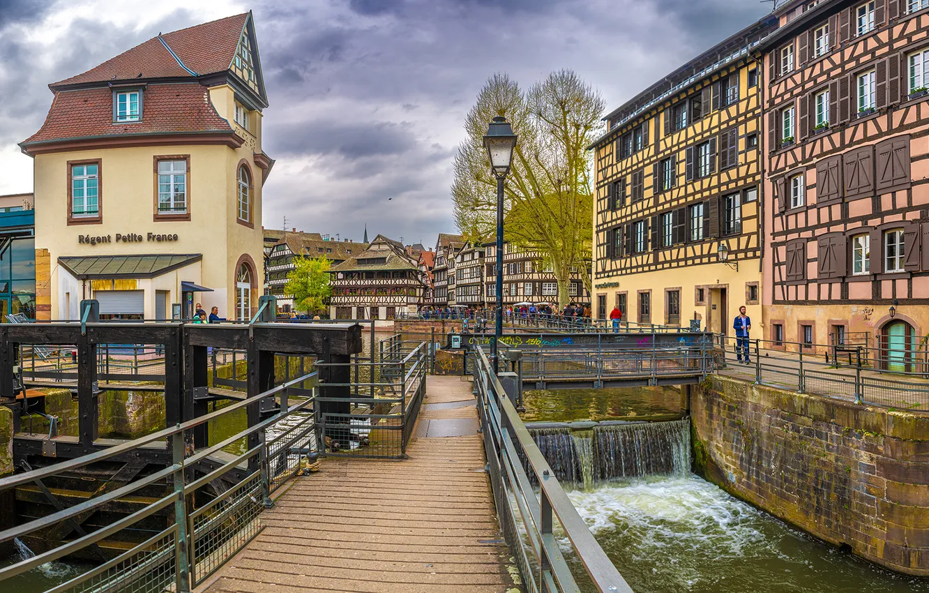 Wallpaper bridge, river, France, building, lights, Strasbourg, France ...