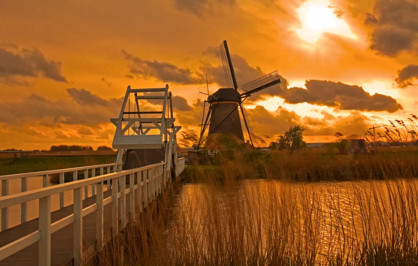Wallpaper clouds, sunset, bridge, channel, glow, Netherlands, windmill ...