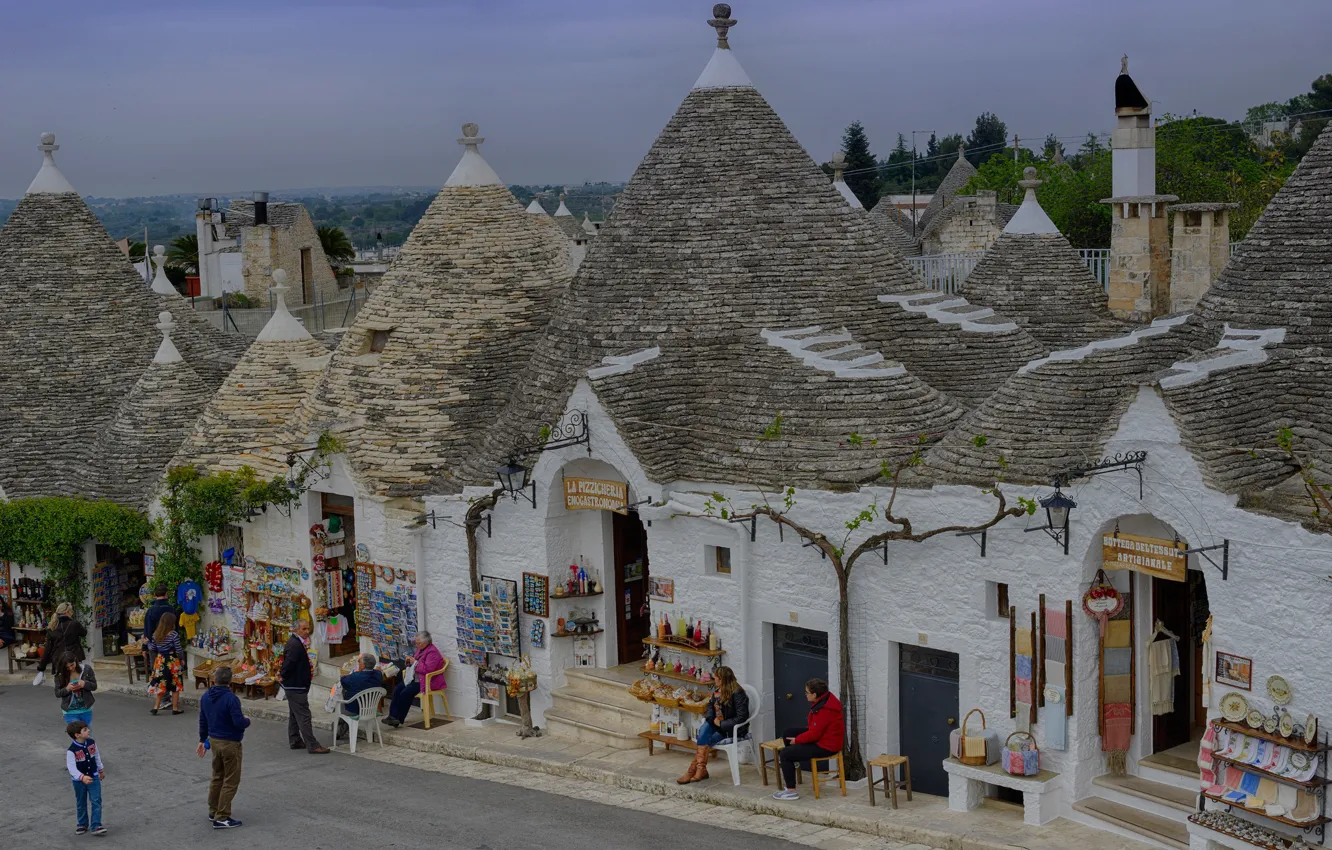 Wallpaper roof, street, home, Italy, Apulia, cone, Alberobello, Trulli ...