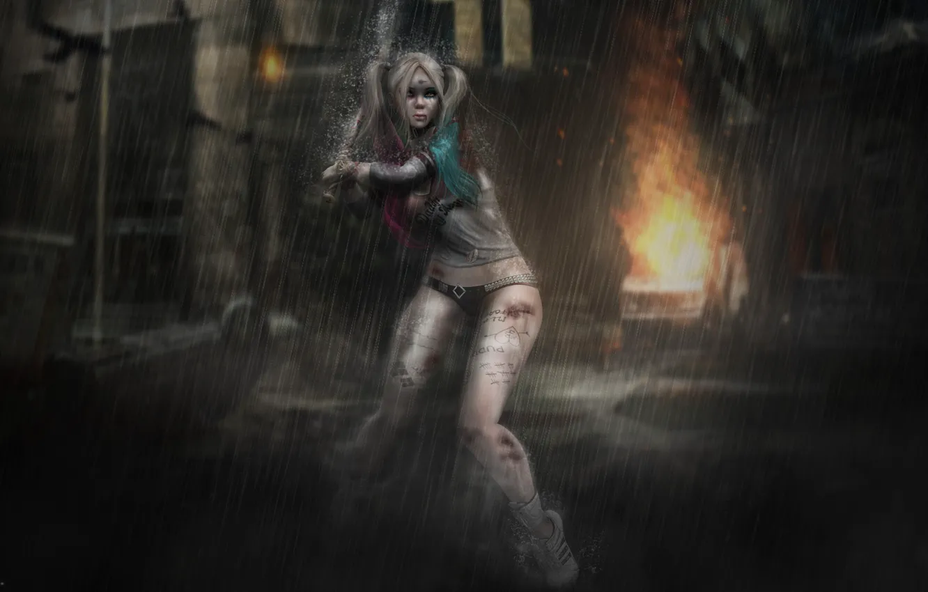 Wallpaper girl, background, rain, hair, blow, baseball bat, braids for ...