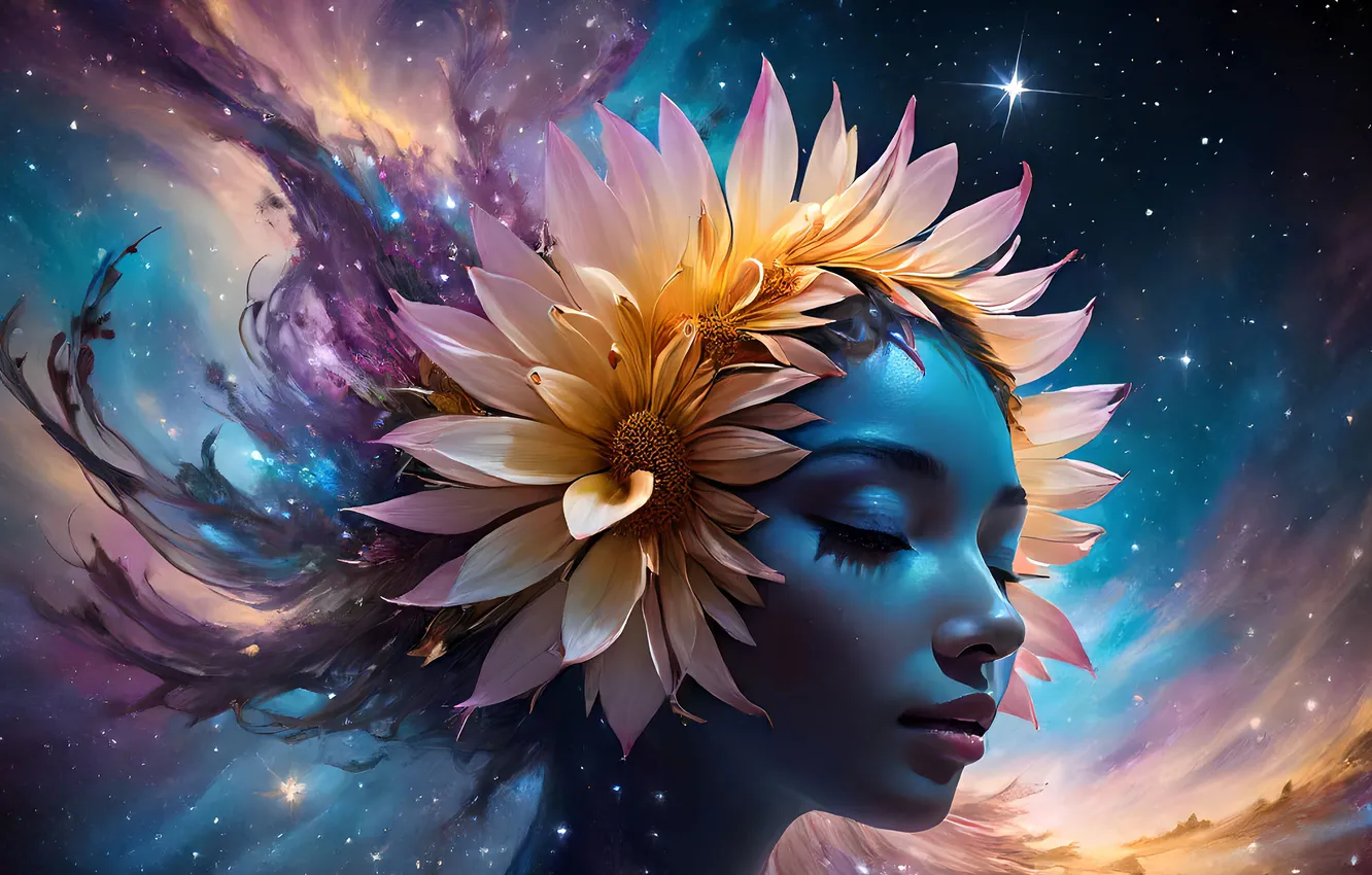 Wallpaper girl, space, flowers, face, wreath for mobile and desktop ...