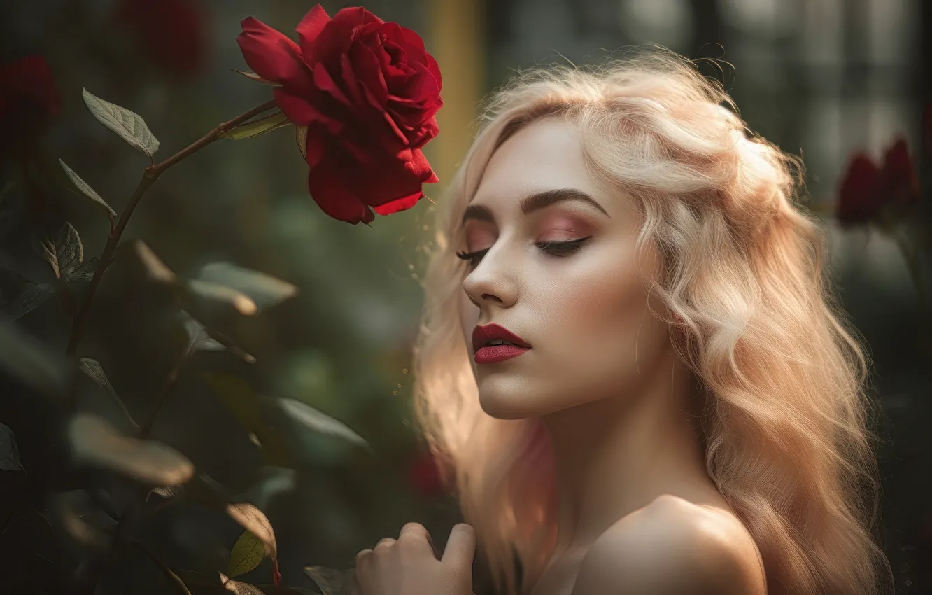 Wallpaper flower, girl, face, rendering, rose, portrait, art, blonde ...