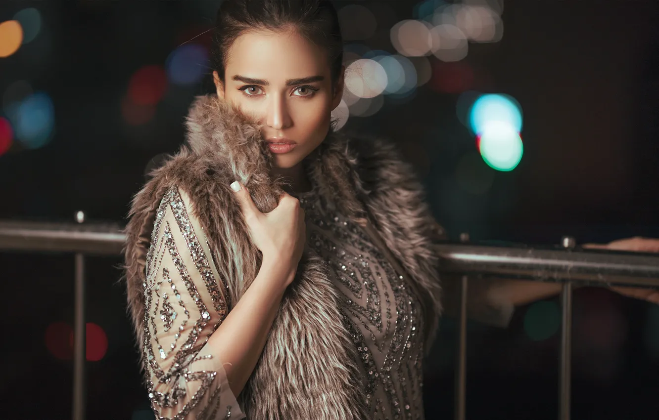 Wallpaper look, girl, night, pose, street, dress, fur, beautiful for ...