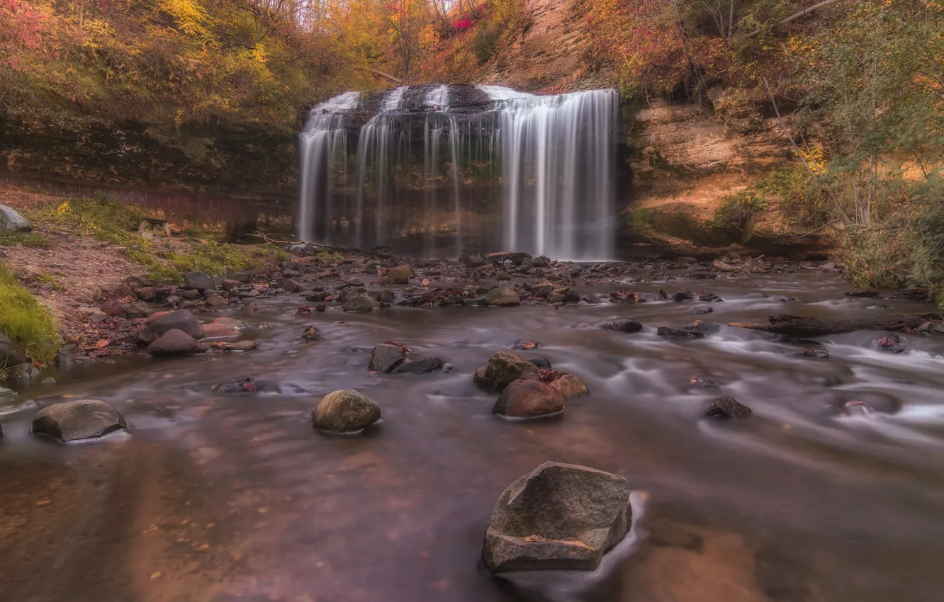 Wallpaper autumn, river, stones, waterfall, Wisconsin, cascade ...