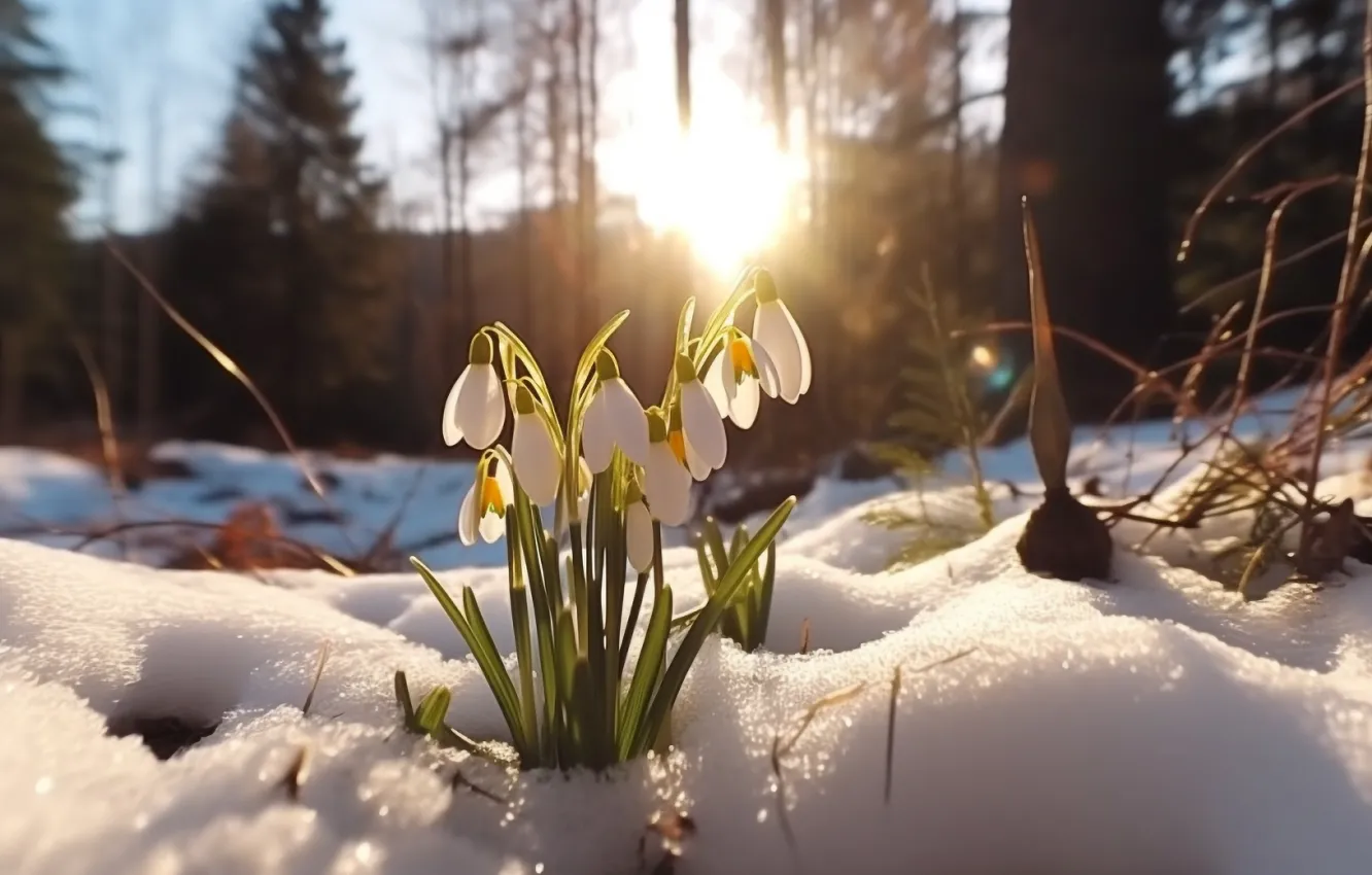 Wallpaper light, snow, flowers, nature, glade, spring, snowdrops, white ...