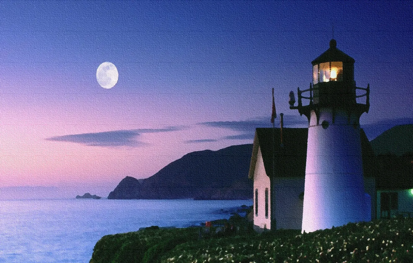 Wallpaper moon, sunset, romantic, violet, lighthouse, sky blue, canvas ...