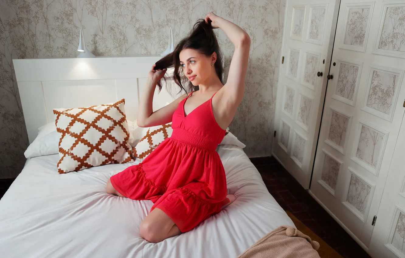 Wallpaper long hair, model, brunette, bedroom, gorgeous, photoshoot ...