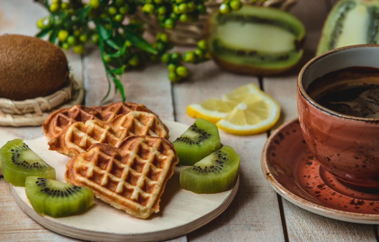 Wallpaper lemon, coffee, kiwi, Cup, fruit, waffles for mobile and ...