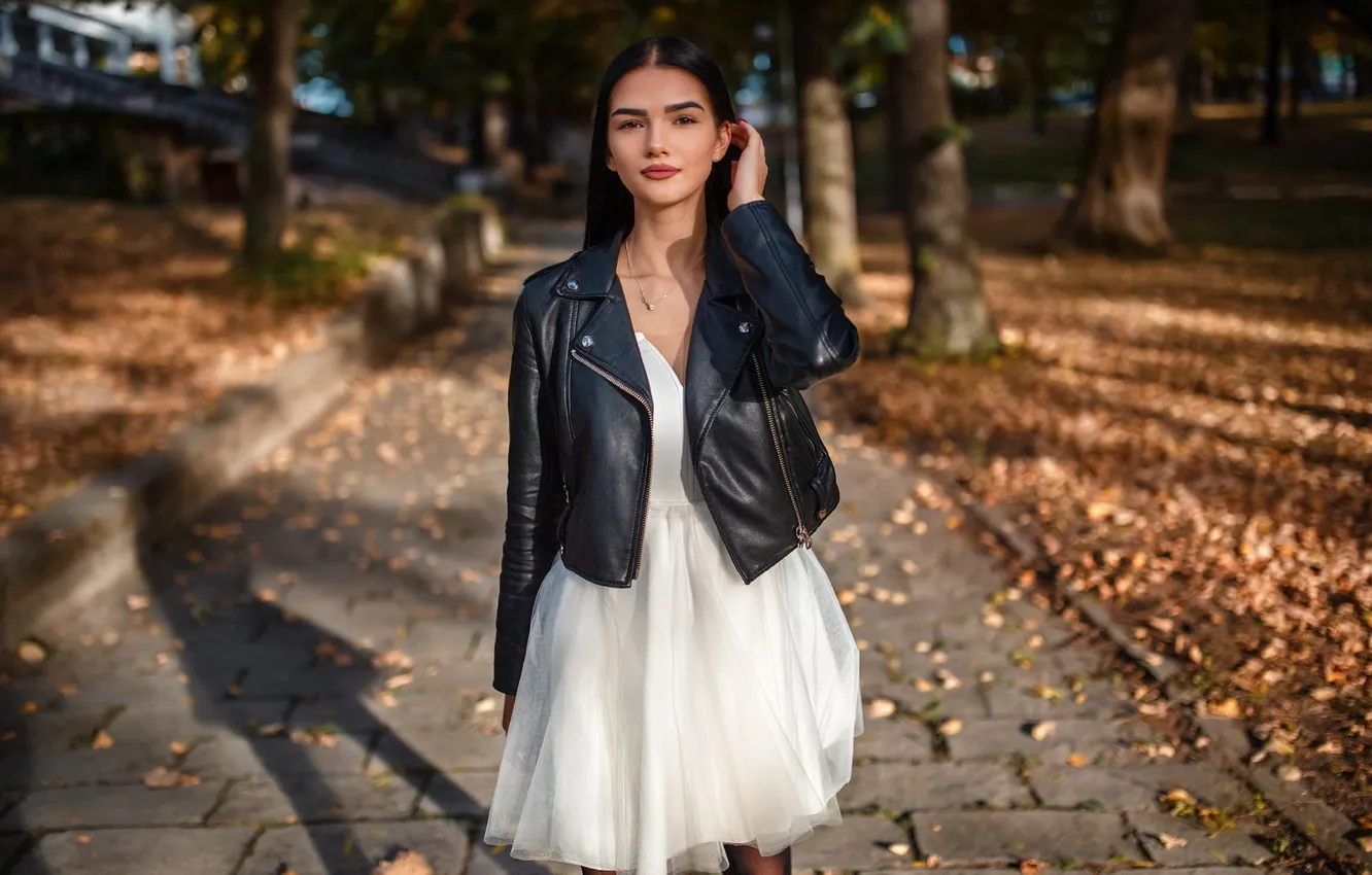 Wallpaper girl, forest, dress, nature, model, pretty, brunette, jacket ...