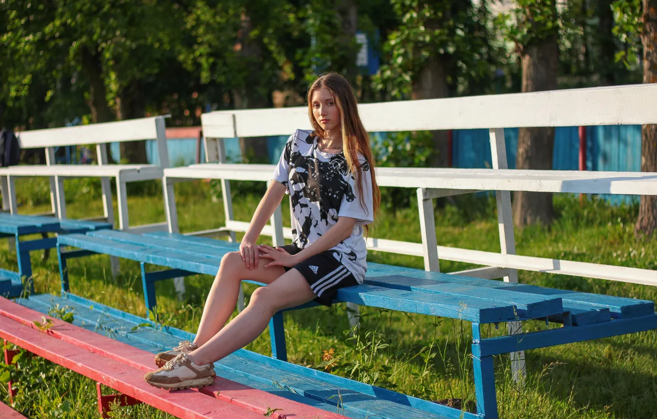 Wallpaper girl, shorts, young, cute, T-shirt, long-haired, sneakers for mobile and desktop ...