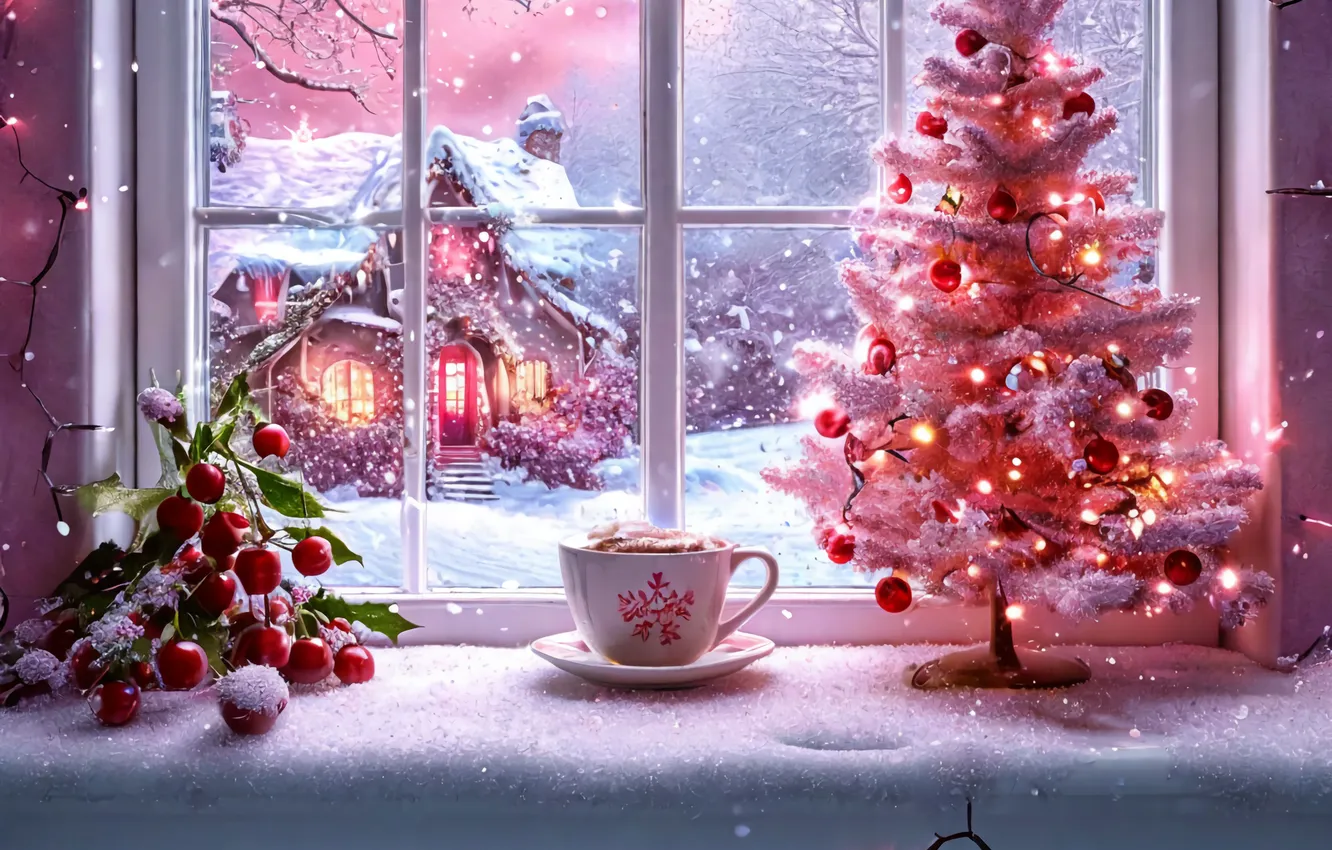 Wallpaper Snow, Pink, New year, Tree for mobile and desktop, section ...