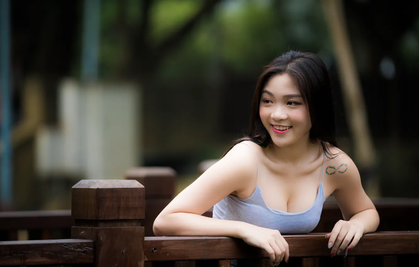 Wallpaper girl, smile, tattoo, Asian, cutie, bokeh for mobile and desktop, section девушки ...