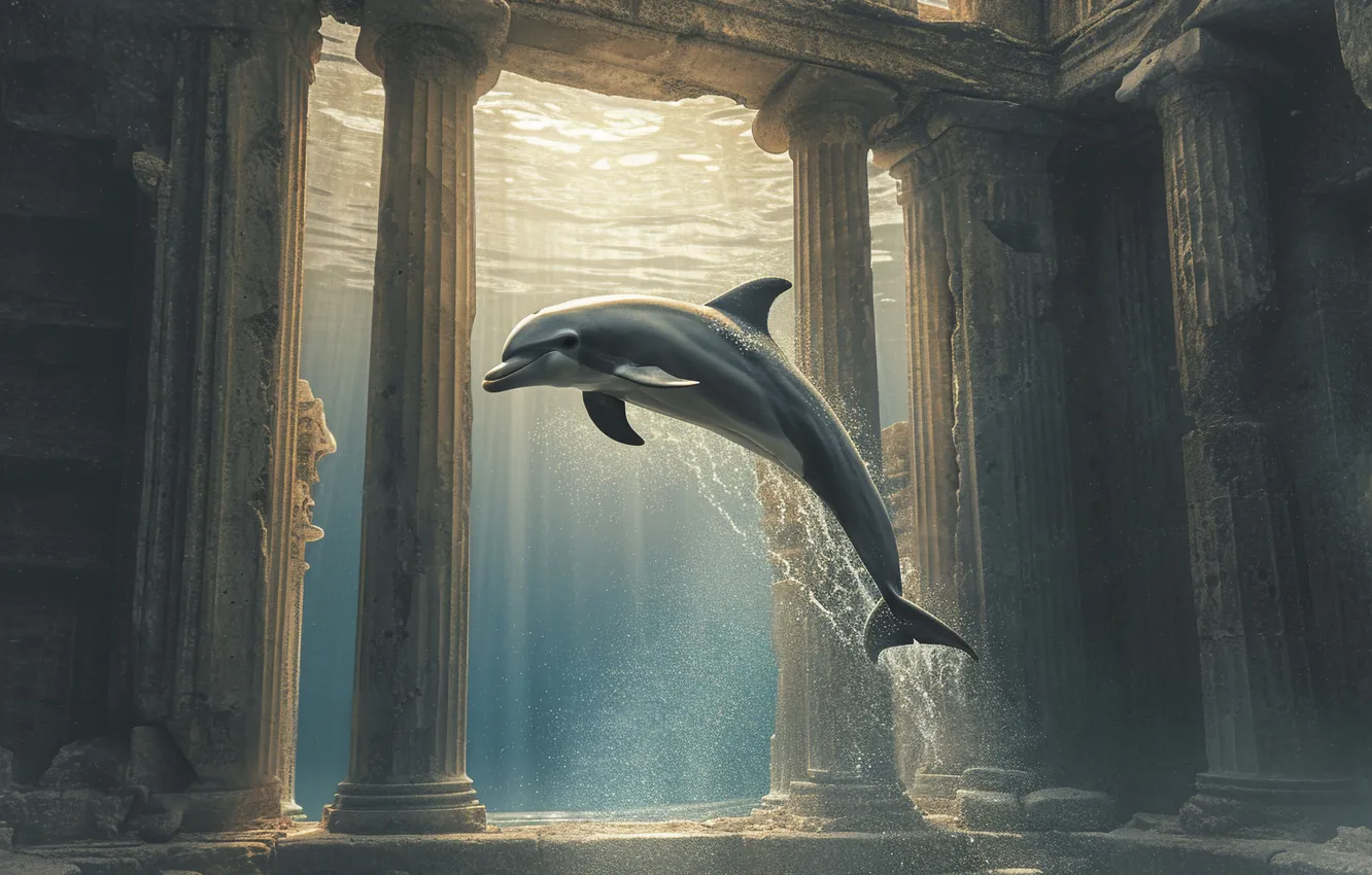Wallpaper dolphins, columns, underwater world, digital art, AI art, The ...
