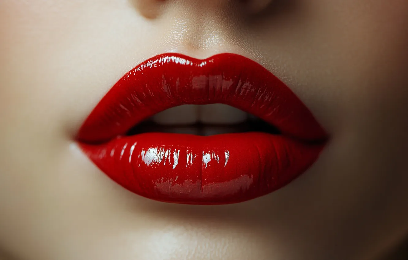 Wallpaper girl, macro, face, lips, red lipstick, AI art, neural network ...